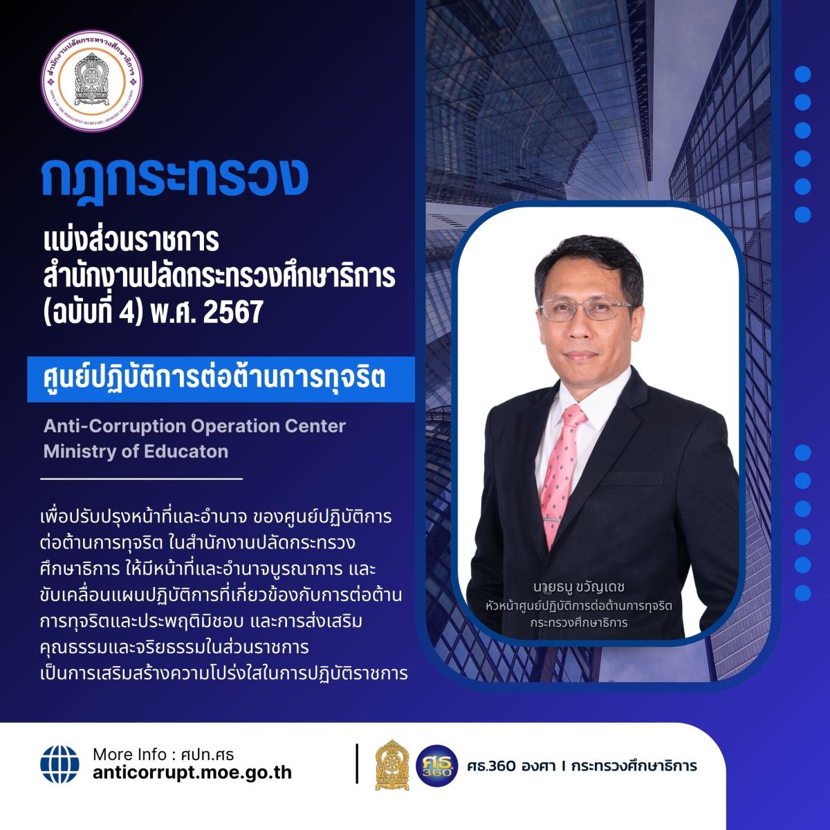ราชกิจจานุเบกษา เผยแพร่กฏกระทรวงแบ่งส่วนราชการสำนักงานปลัดกระทรวงศึกษาธิการ (ฉบับที่ 4) พ.ศ. ...